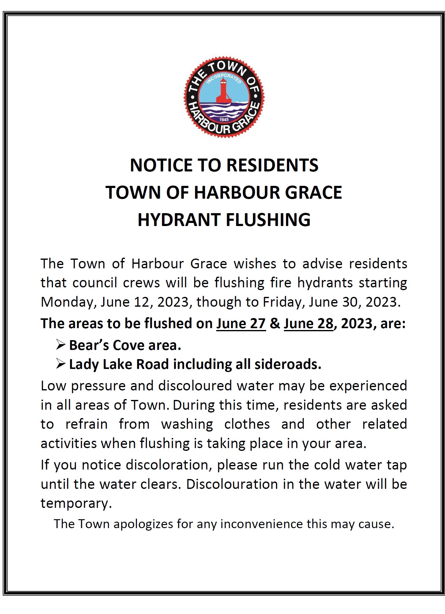 HYDRANT FLUSHING JUNE 27 & JUNE 28, 2023 - Harbour Grace