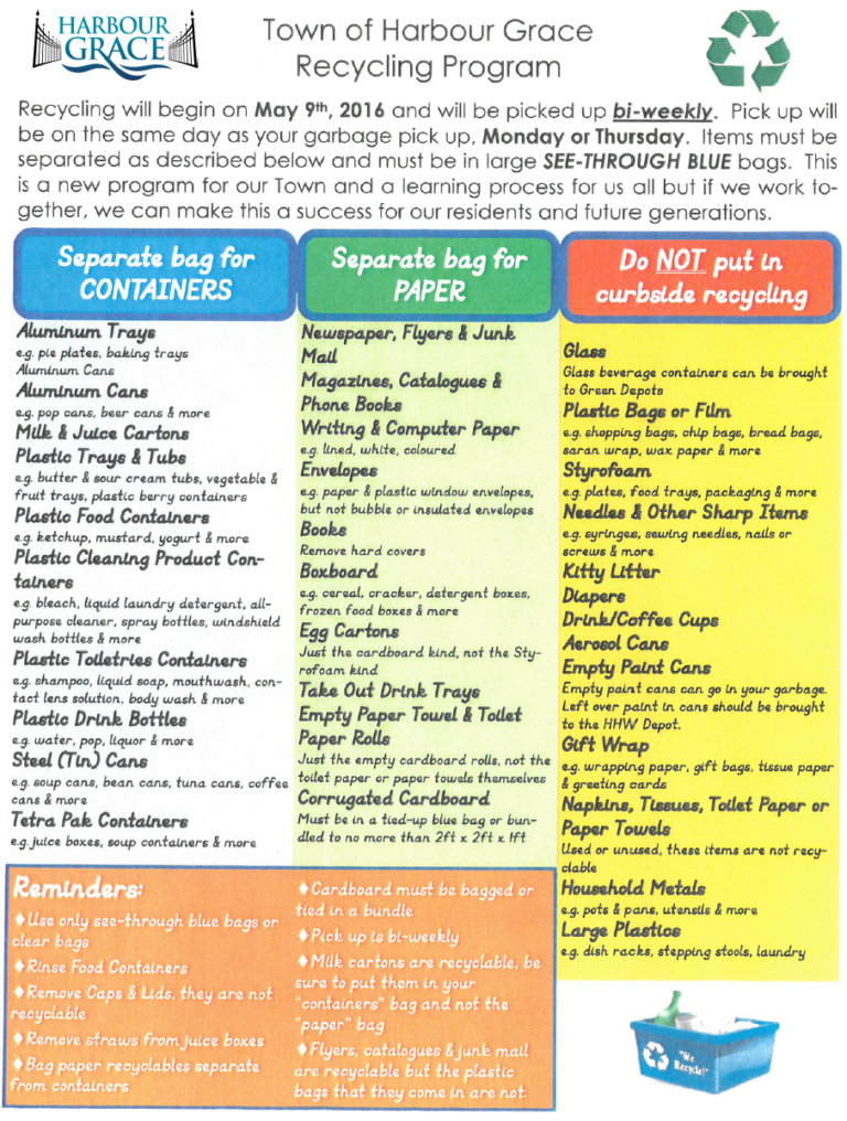 Recycling Program Information Reminder - Harbour Grace