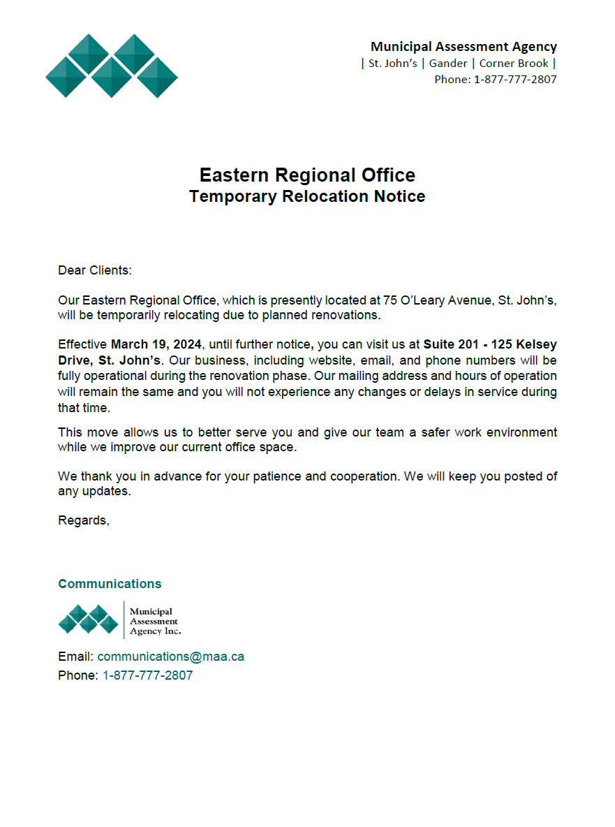 Temporary Relocation of Municipal Assessment Agency Eastern Regional ...