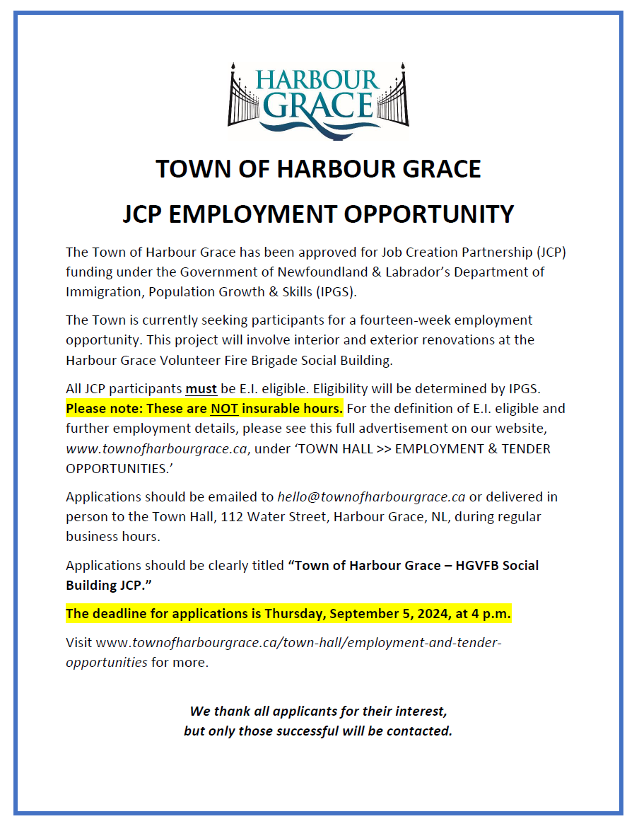 JCP Employment Opportunity (HGVFB Social Building) - Harbour Grace