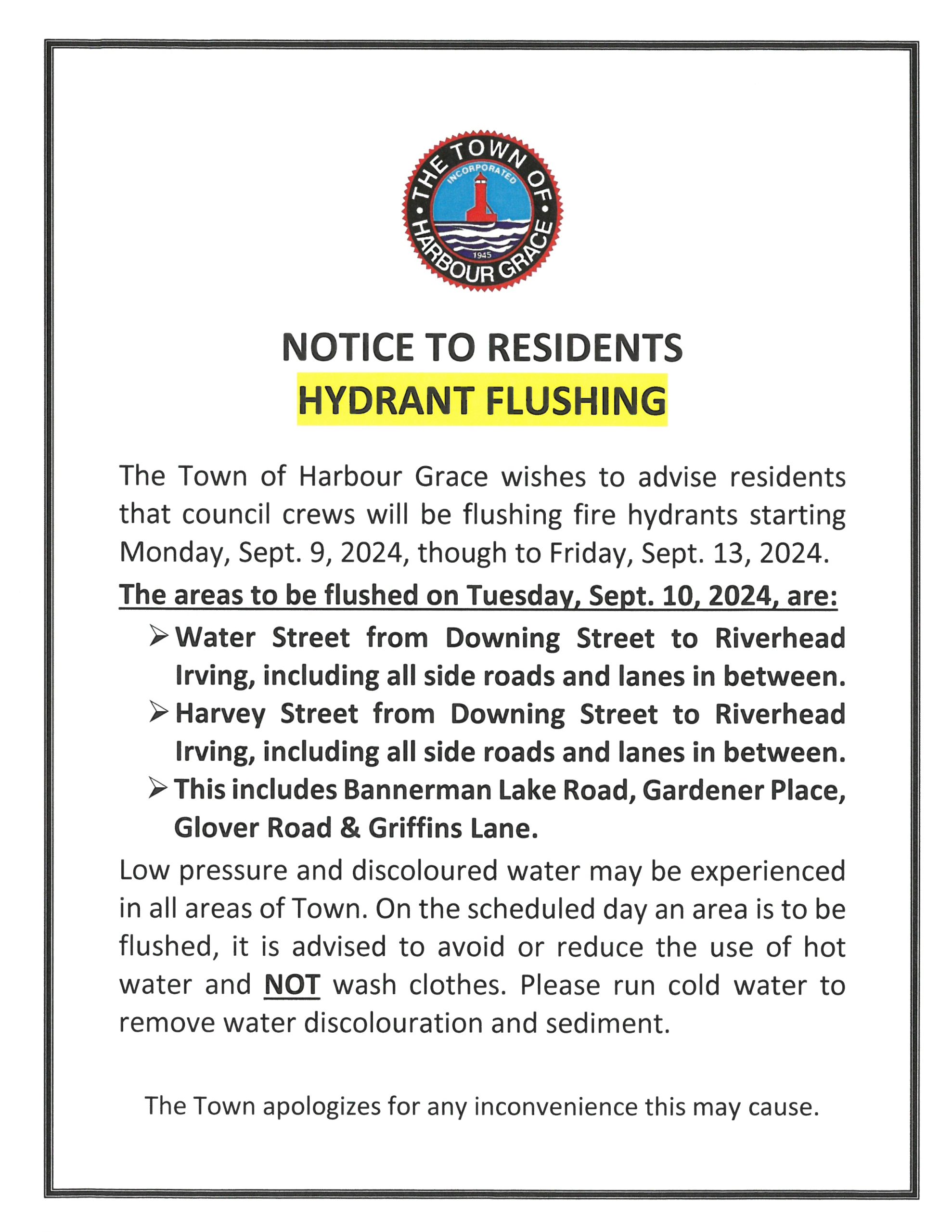 NOTICE TO RESIDENTS - HYDRANT FLUSHING - TUESDAY, SEPTEMBER 10, 2024 ...