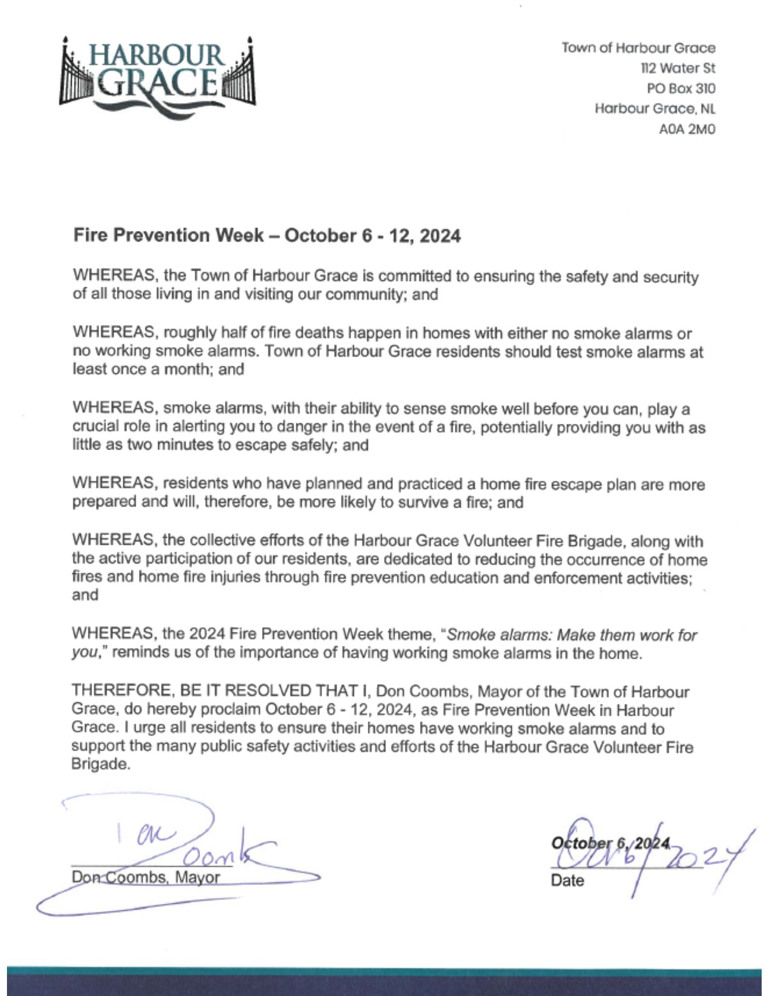 Proclamation: Fire Prevention Week (Oct. 6 - 12, 2024) - Harbour Grace