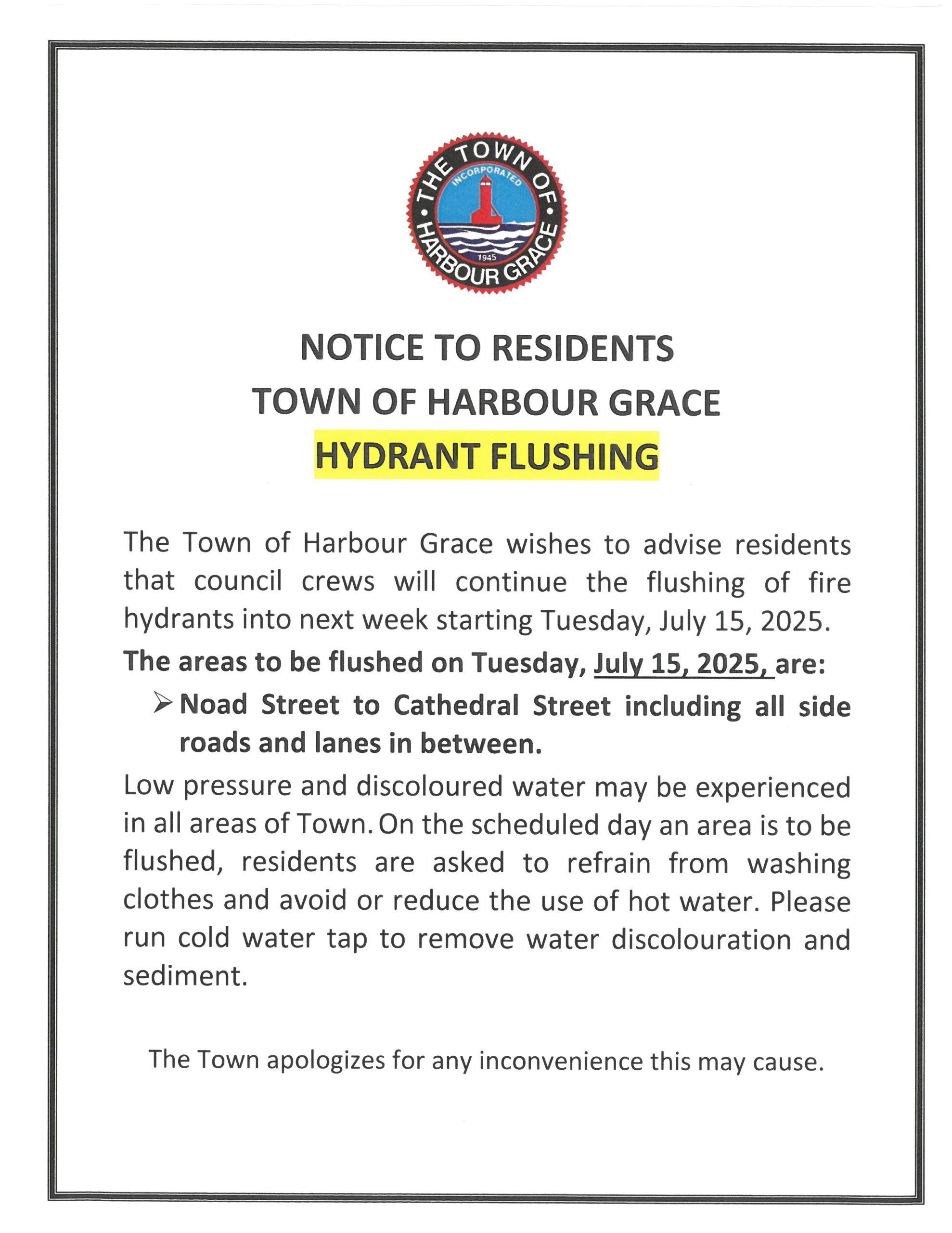 NOTICE TO RESIDENTS - HYDRANT FLUSHING WILL CONTINUE INTO NEXT WEEK ...