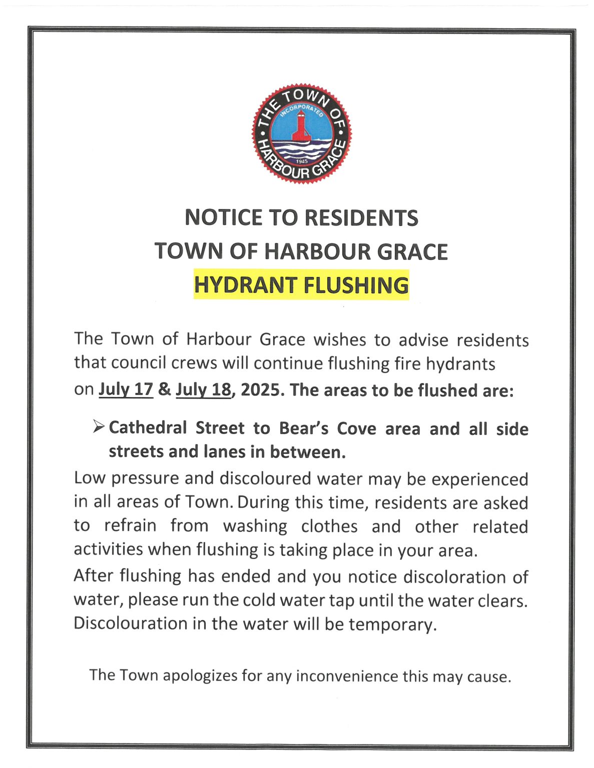 NOTICE TO RESIDENTS - HYDRANT FLUSHING JULY 17 & 18, 2025. THE AREAS TO ...