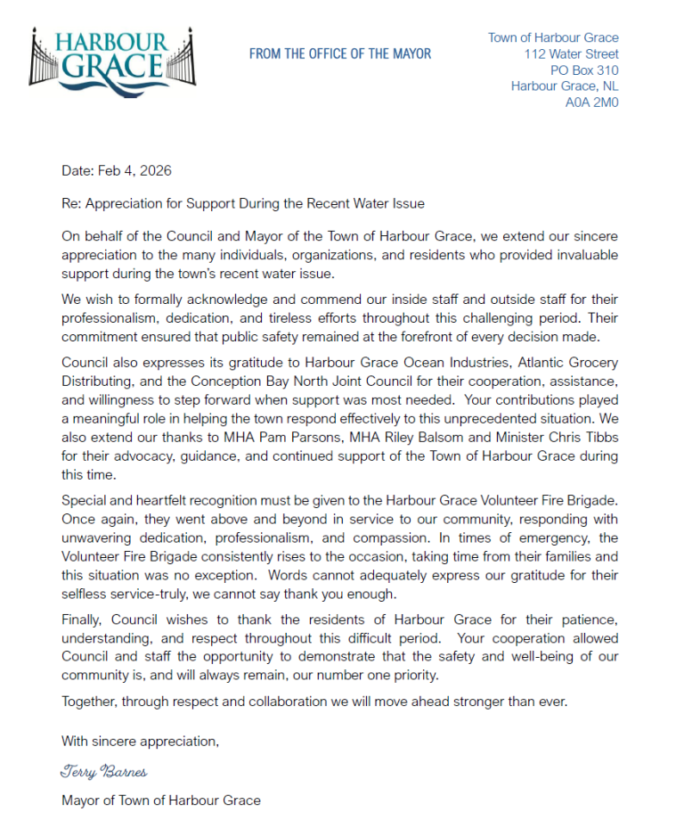 Appreciation for Support During the Recent Water Issue - Harbour Grace